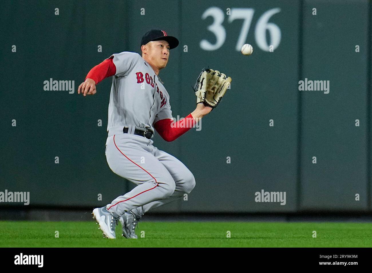 Boston Red Sox left fielder Rob Refsnyder makes a catch on a ball hit ...