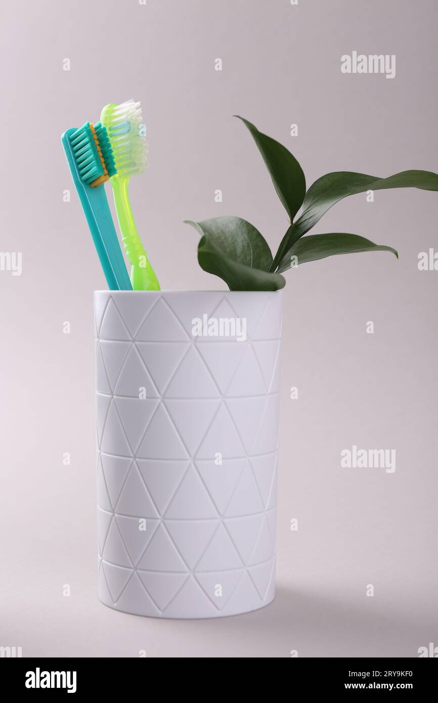 Colorful plastic toothbrushes and plant twig in container on light ...