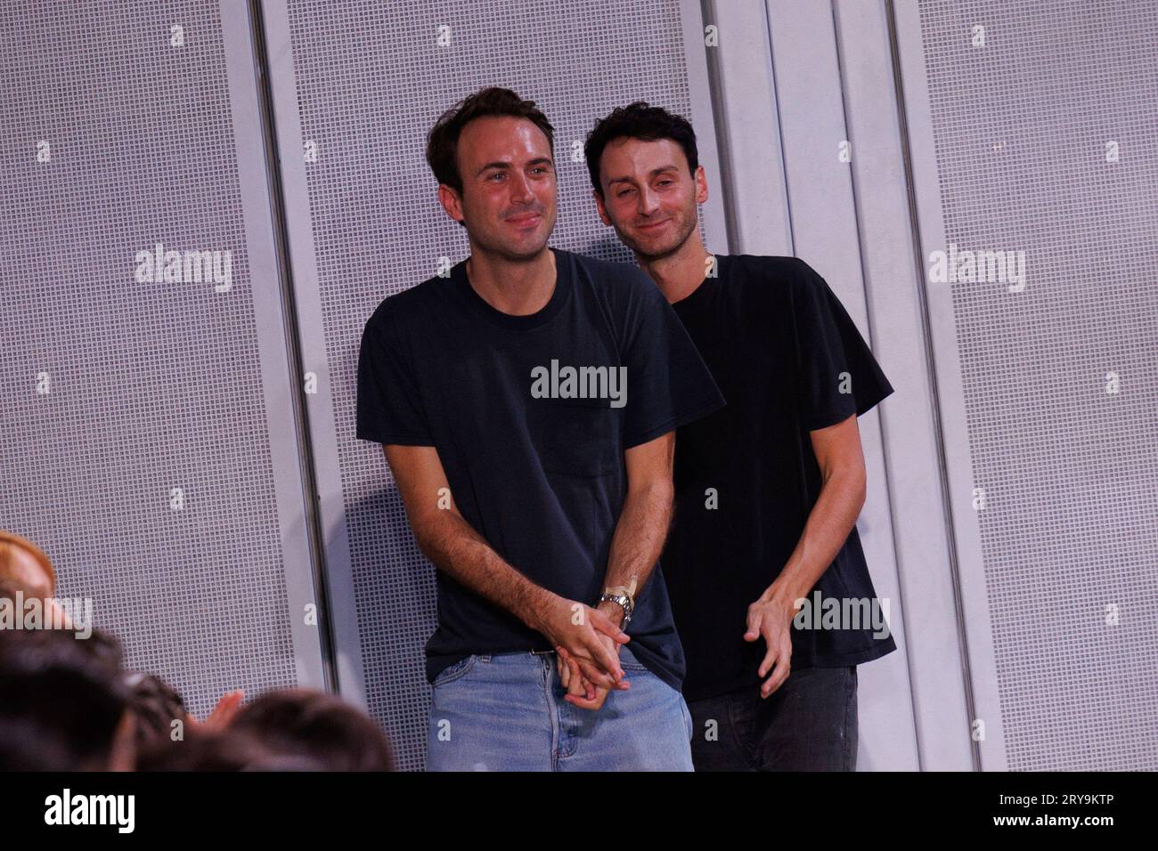 Designers Sebastien Meyer and Arnaud Vaillant acknowledge applause following the Coperni Spring ...