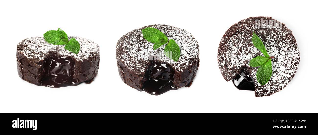 Yummy fondant cake with hot chocolate isolated on white, top and side ...