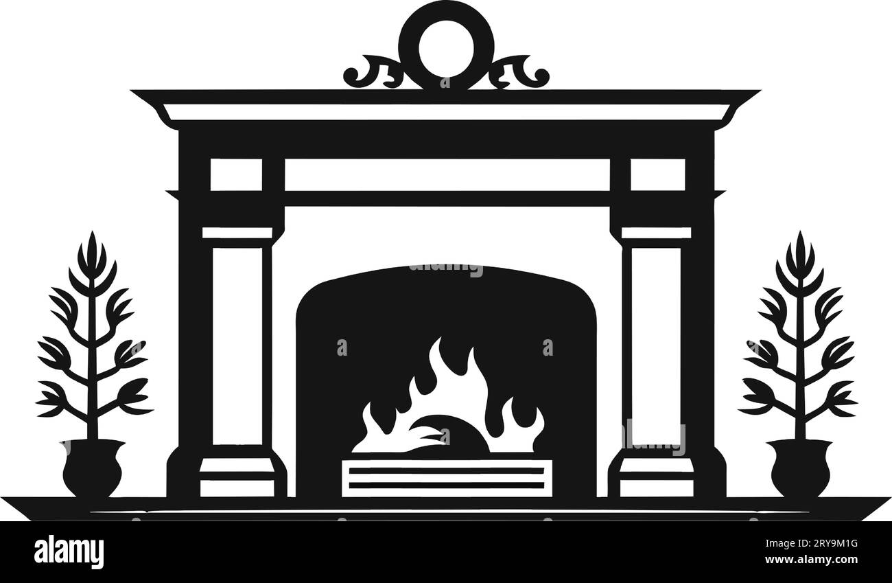 Christmas fireplace burn with sock anf gift decoration line art vector ...