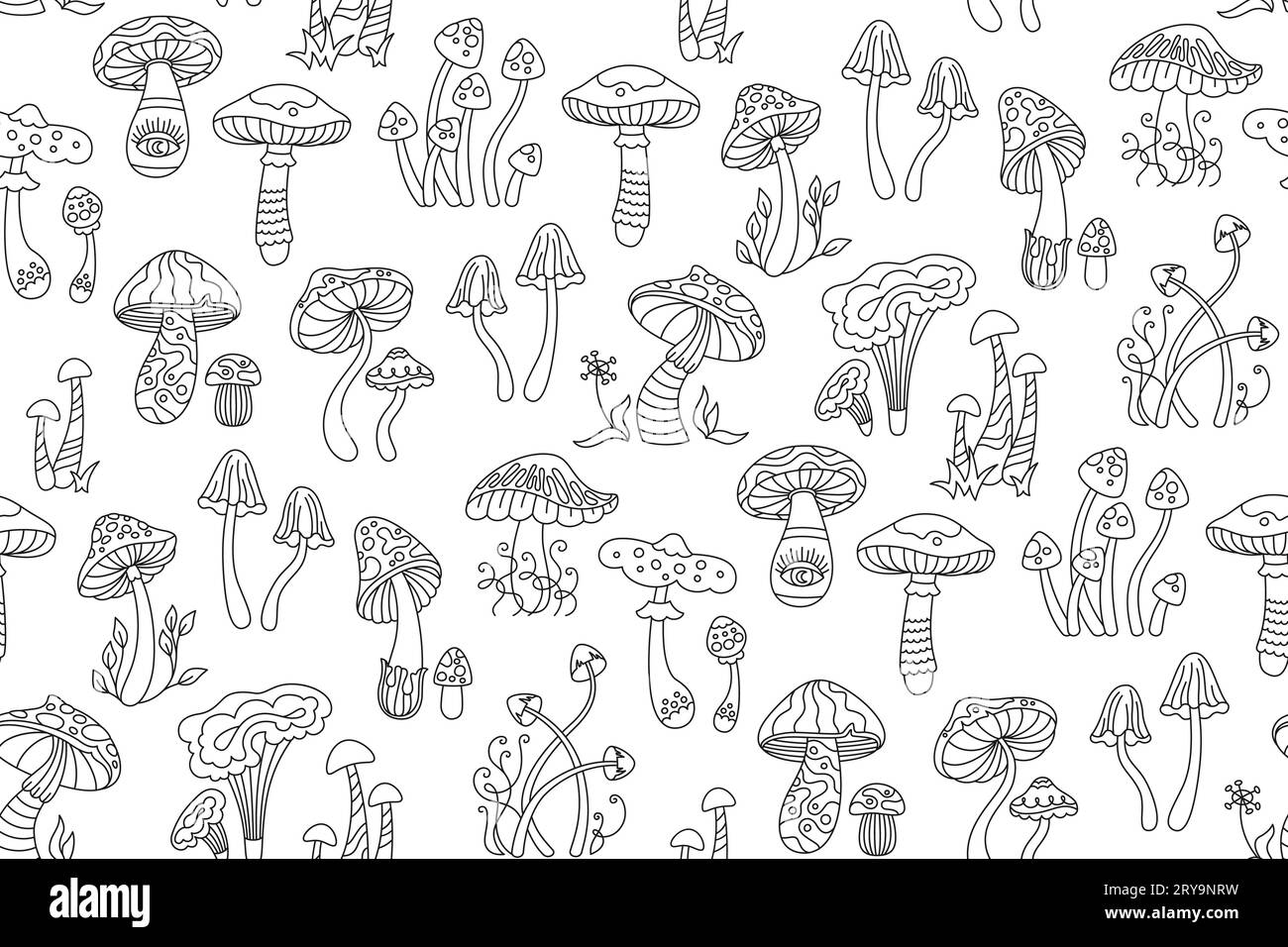 Mushrooms stylizes hippie retro seamless pattern. Poisonous psychedelic ...