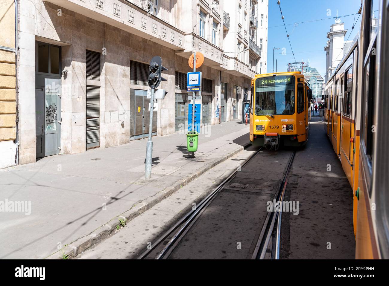 Yellow city tram public transportation in Budapest Hungary on 1 May ...
