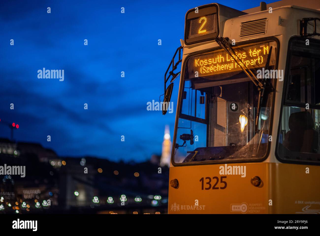 Yellow city tram public transportation in Budapest Hungary on 8 May ...
