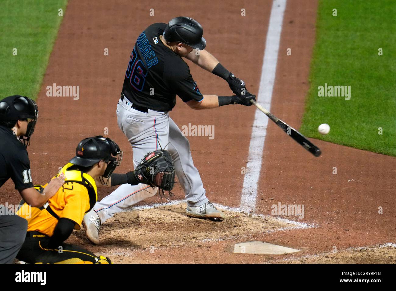 Miami Marlins' Jake Burger (36) singles off Pittsburgh Pirates relief ...