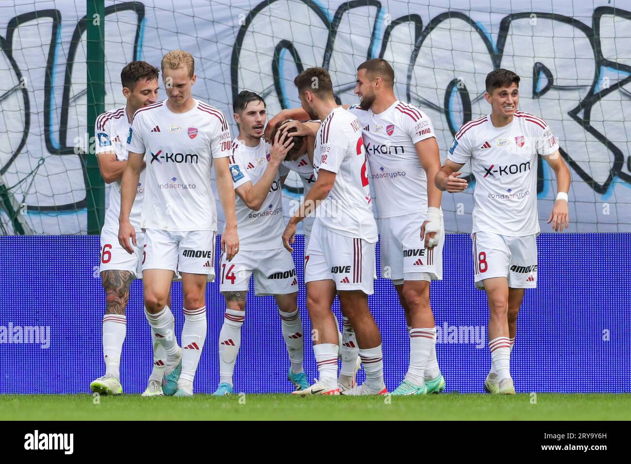 Gliwice, Poland. 24th Sep, 2023. Players of Rakow Czestochowa celebrate after scoring a goal ...