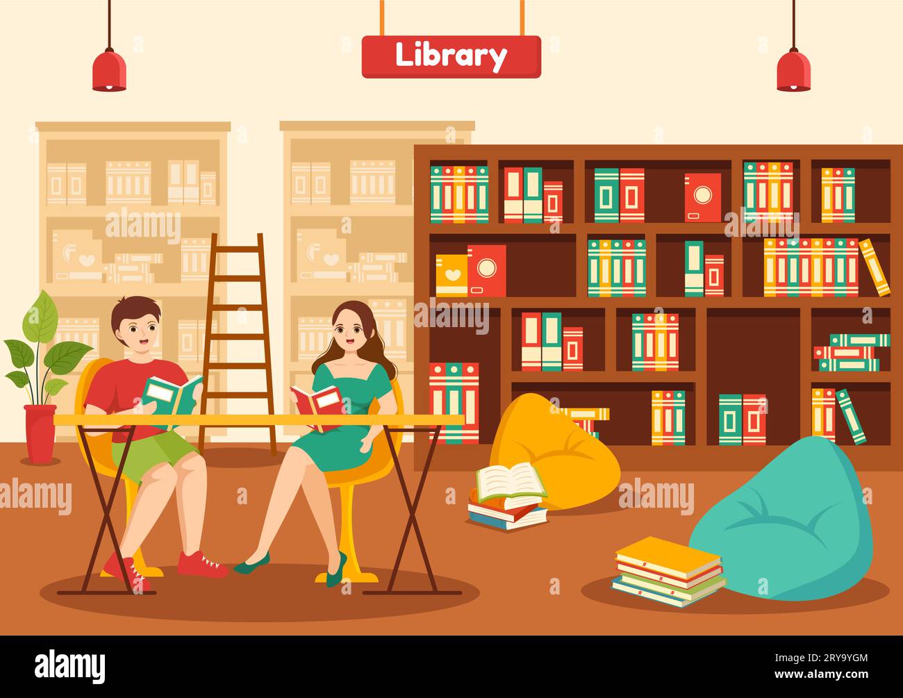 Library Vector Illustration of Book Shelves with Interior Wooden ...