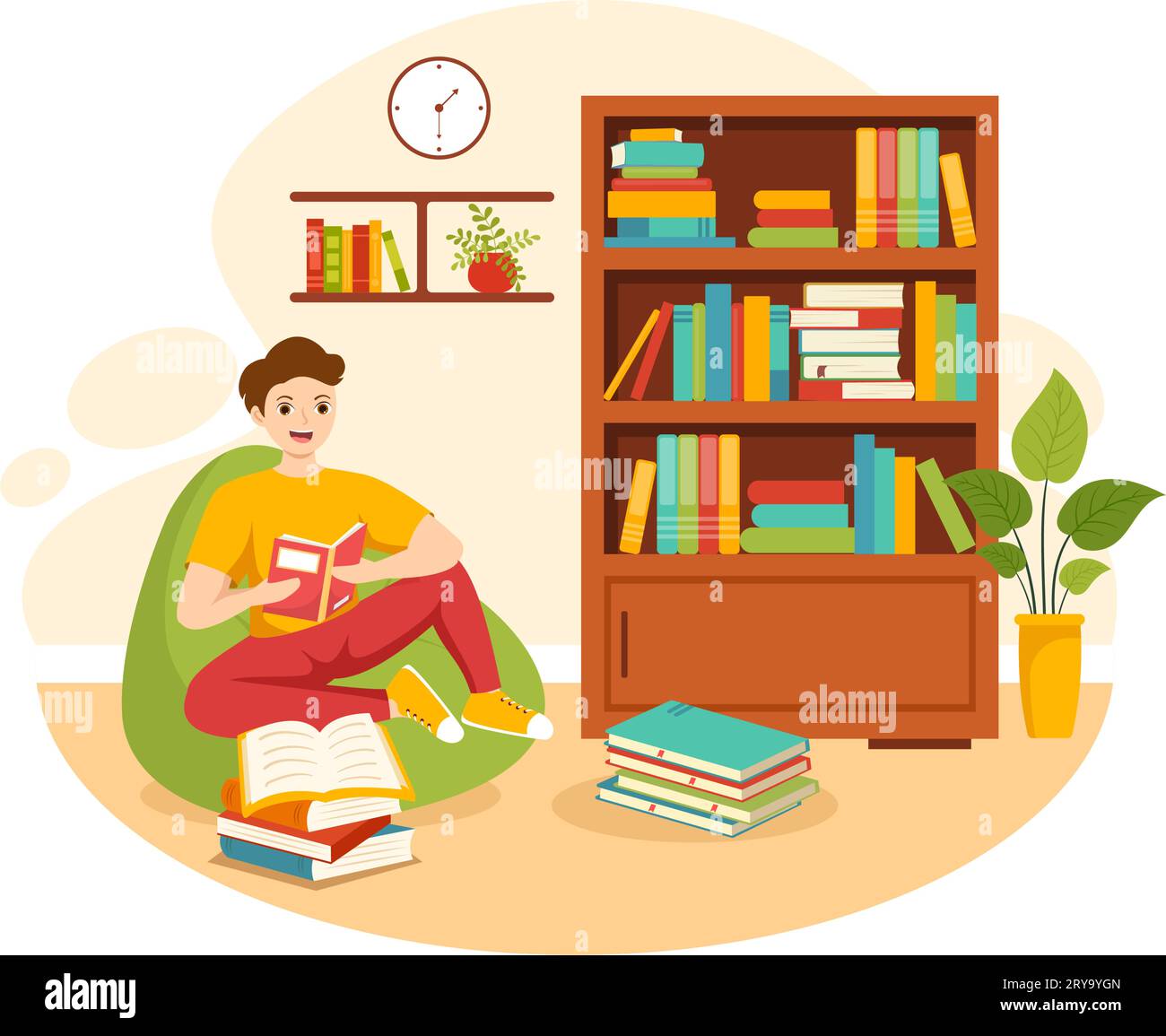 Library Vector Illustration of Book Shelves with Interior Wooden ...