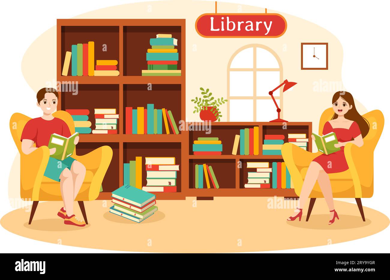 Library Vector Illustration of Book Shelves with Interior Wooden ...
