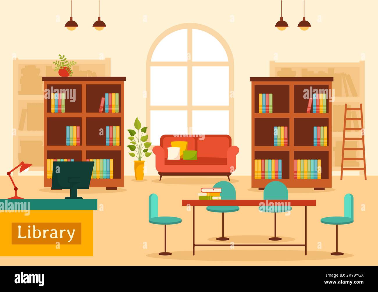 Library Vector Illustration of Book Shelves with Interior Wooden ...