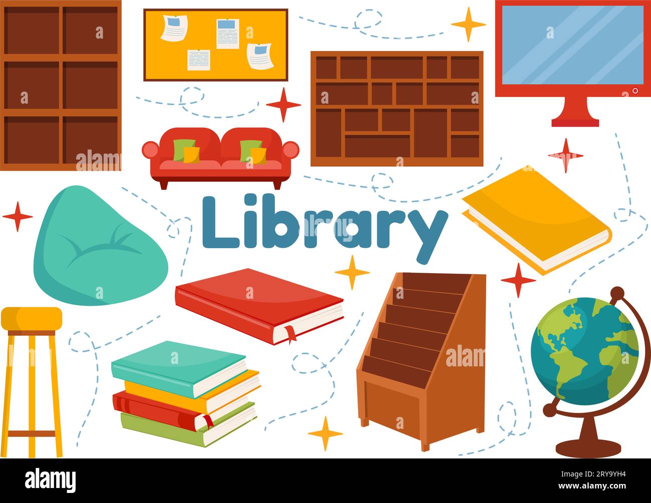 Library Vector Illustration of Book Shelves with Interior Wooden ...