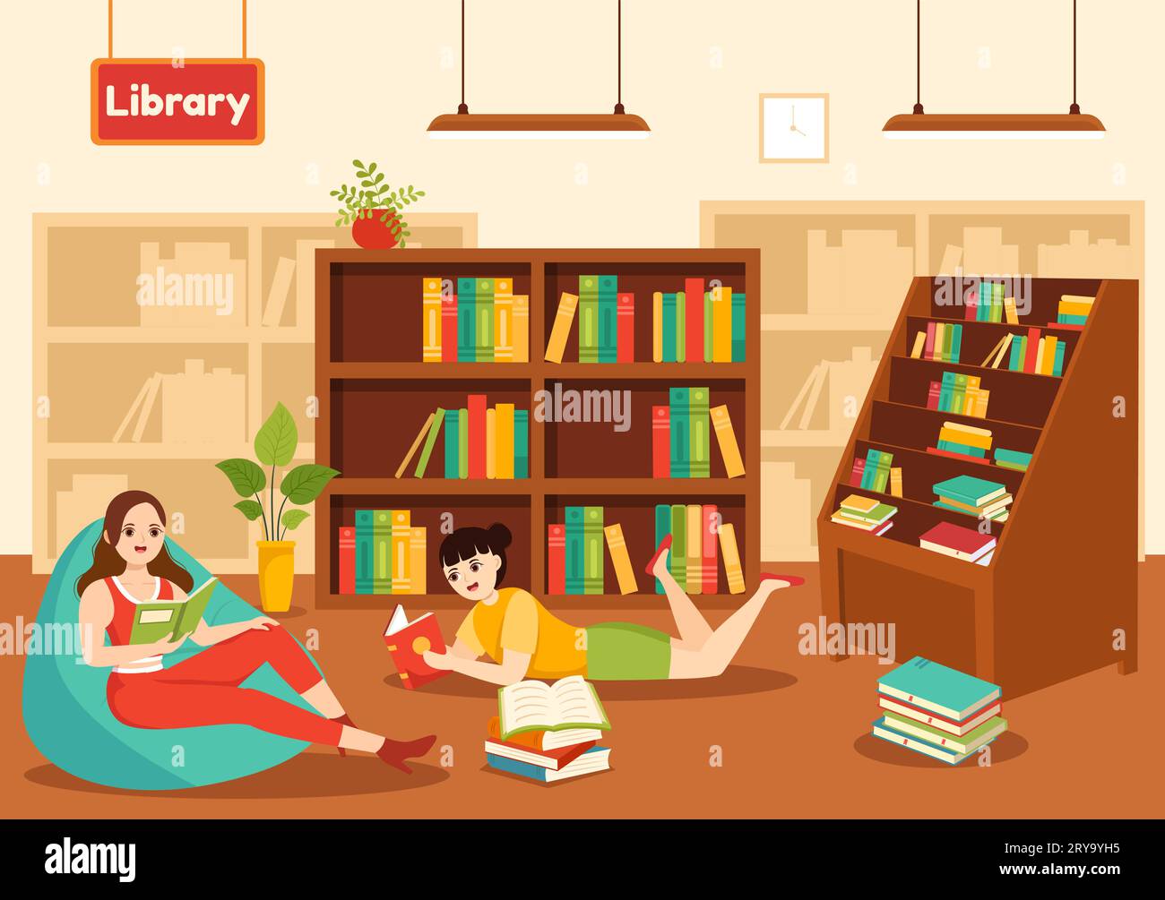 Library Vector Illustration of Book Shelves with Interior Wooden ...