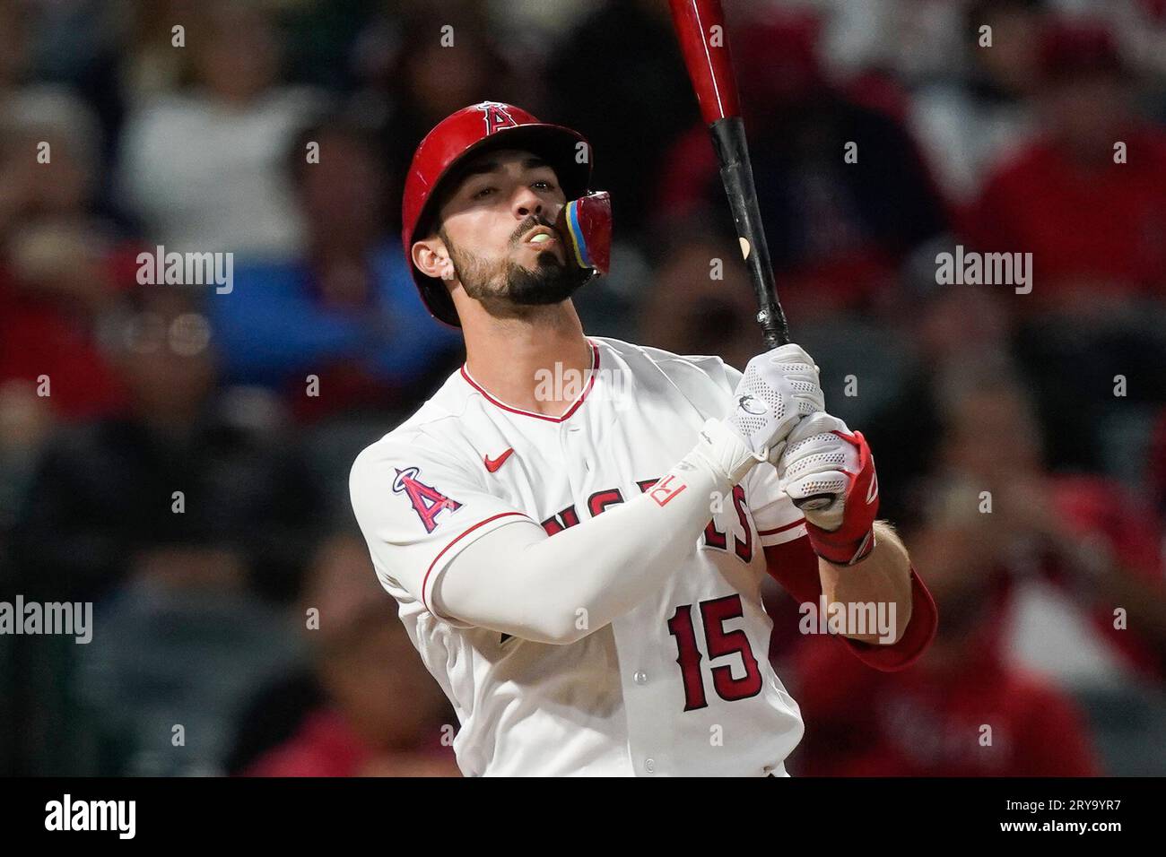 Los Angeles Angels' Randal Grichuk reacts after a pitch from Oakland ...