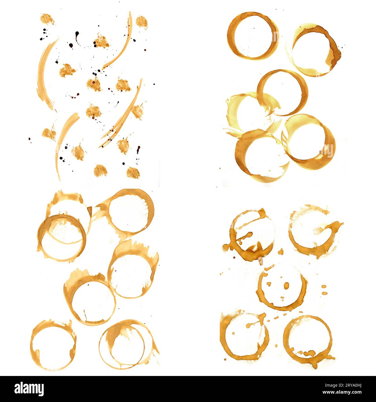 Collection of coffee splashes and stains isolated on white background ...