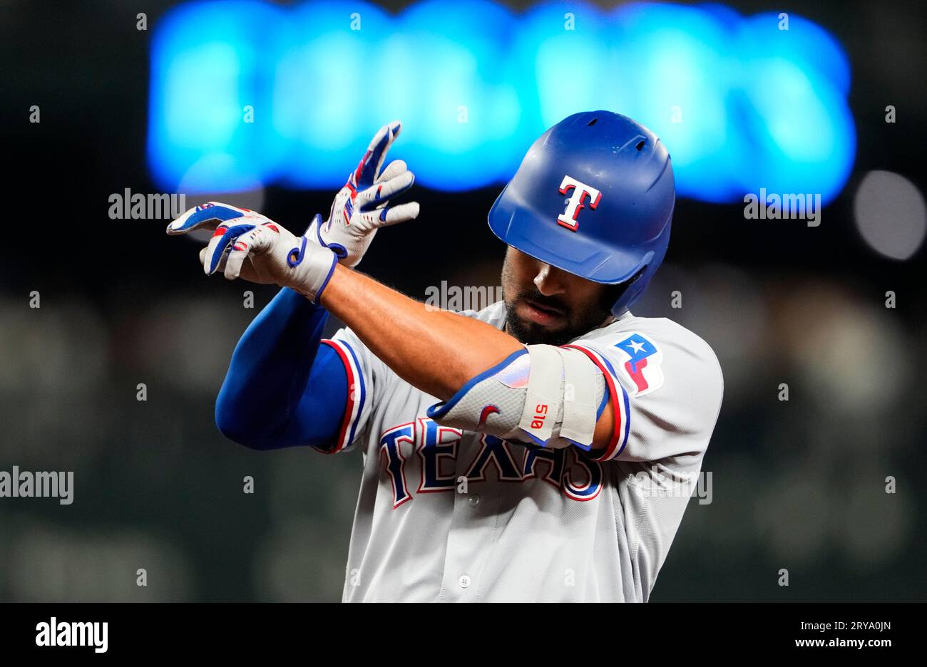 Texas Rangers' Marcus Semien reacts after hitting a single against the ...