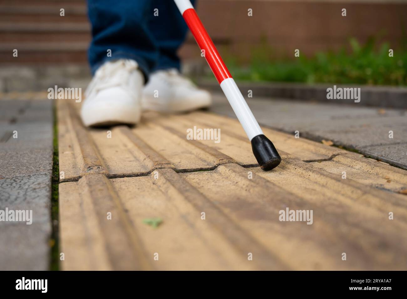 A blind woman walks on the street on tactile yellow tiles. Focus on the ...