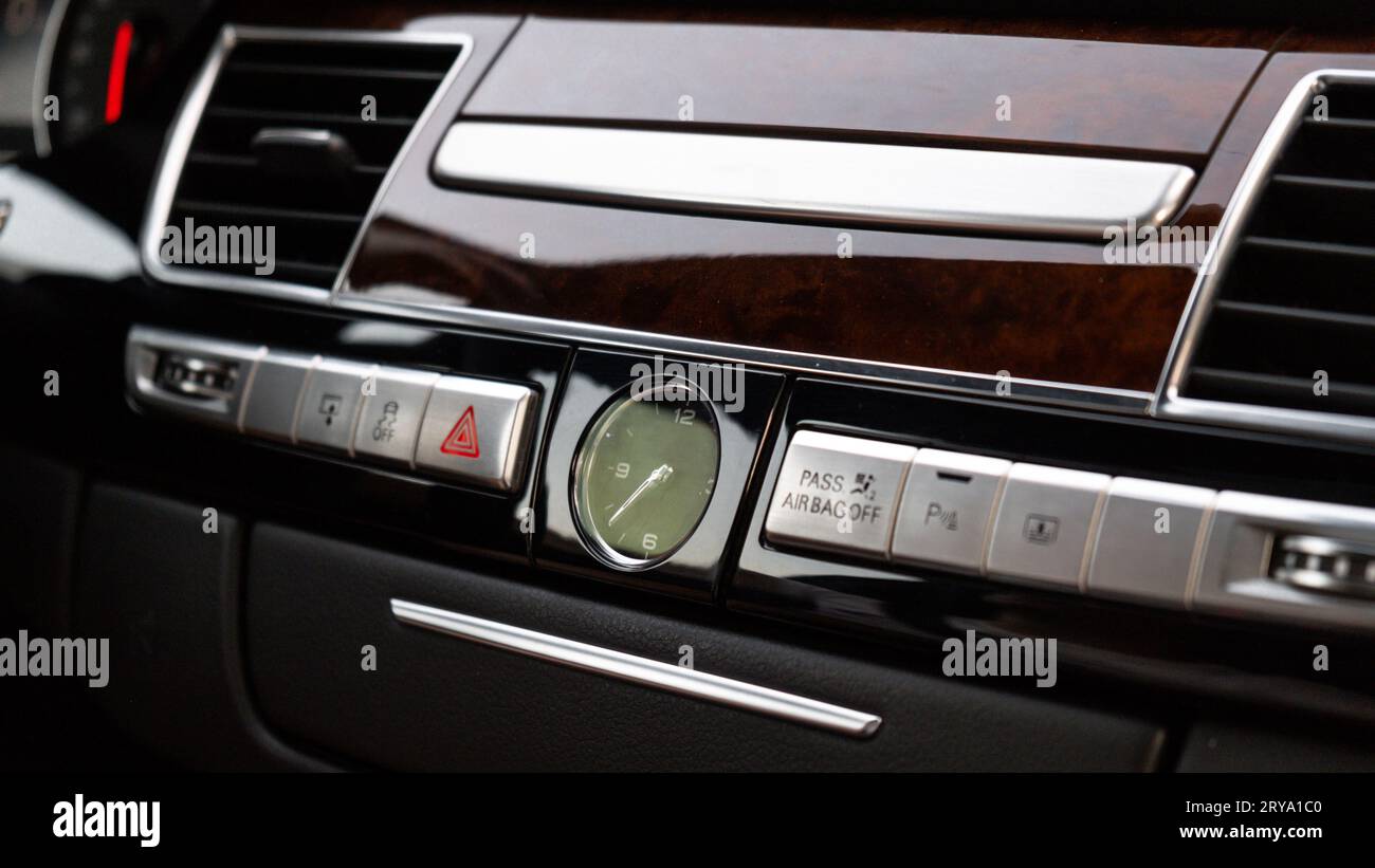 Interior of modern luxury car. Details of automatic transmission gear ...
