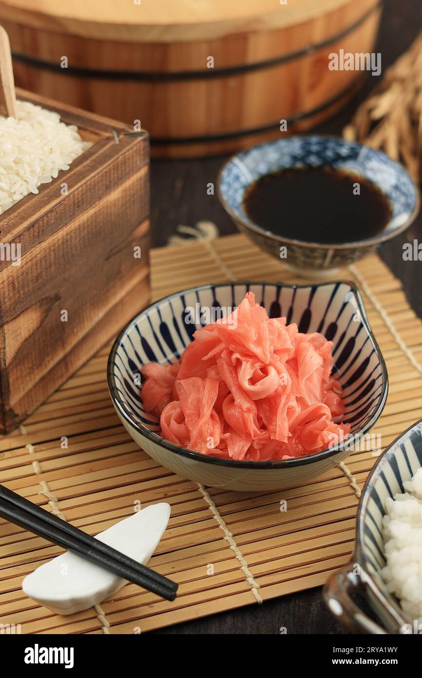 Pink Sushi Gari, Fresh Ginger Pickled Japanese Food Stock Photo - Alamy
