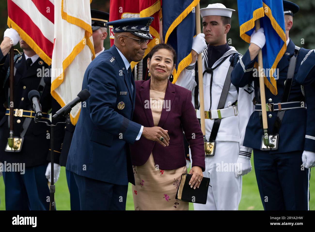 Gen. CQ Brown Jr., incoming chairman of the Joint Chiefs of Staff, hugs ...
