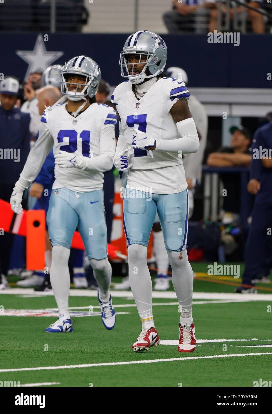 Dallas Cowboys cornerback Trevon Diggs (7) jogs onto the field during ...