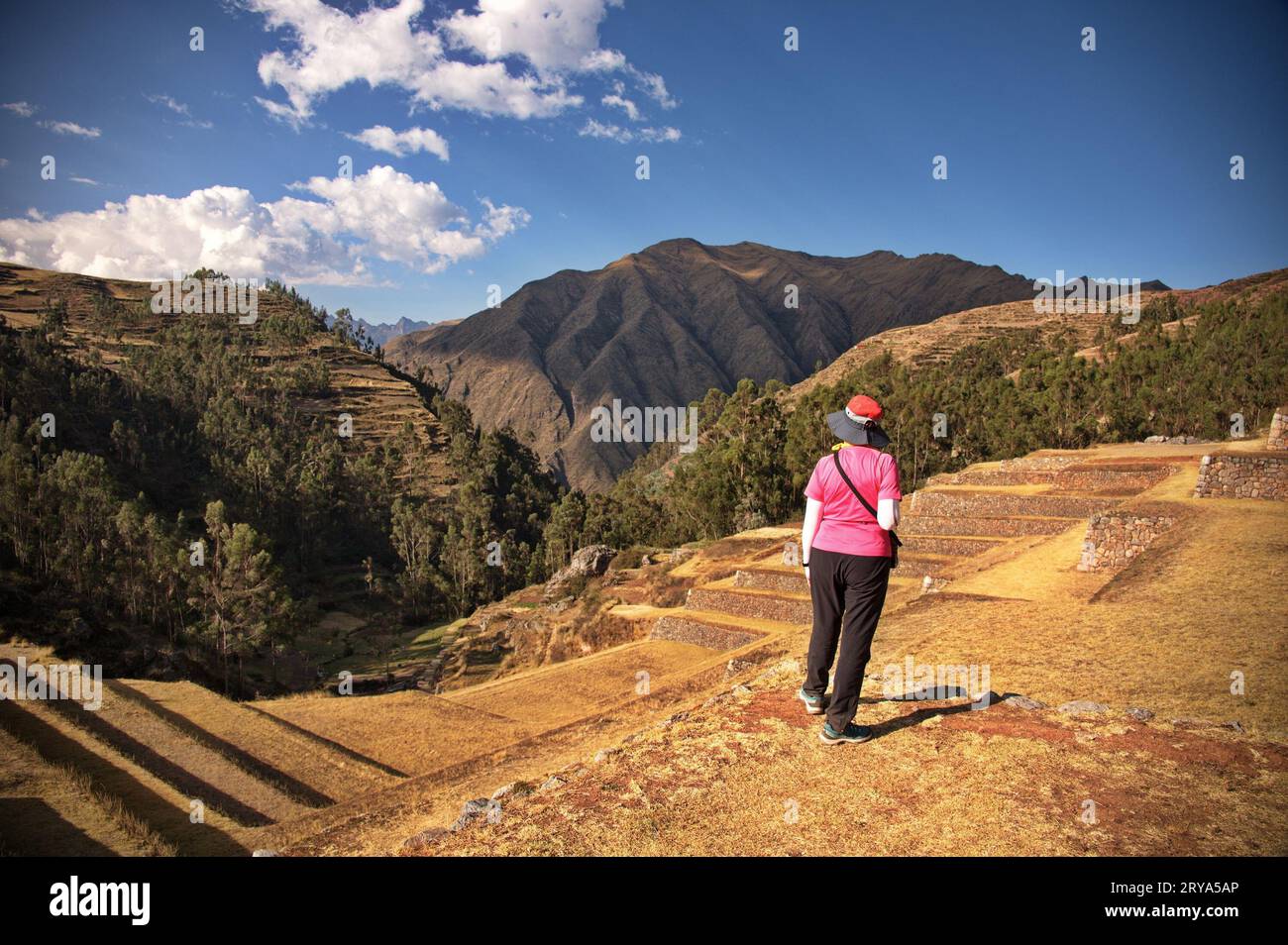 Rear view of the woman standing on the archaeological site in the ...