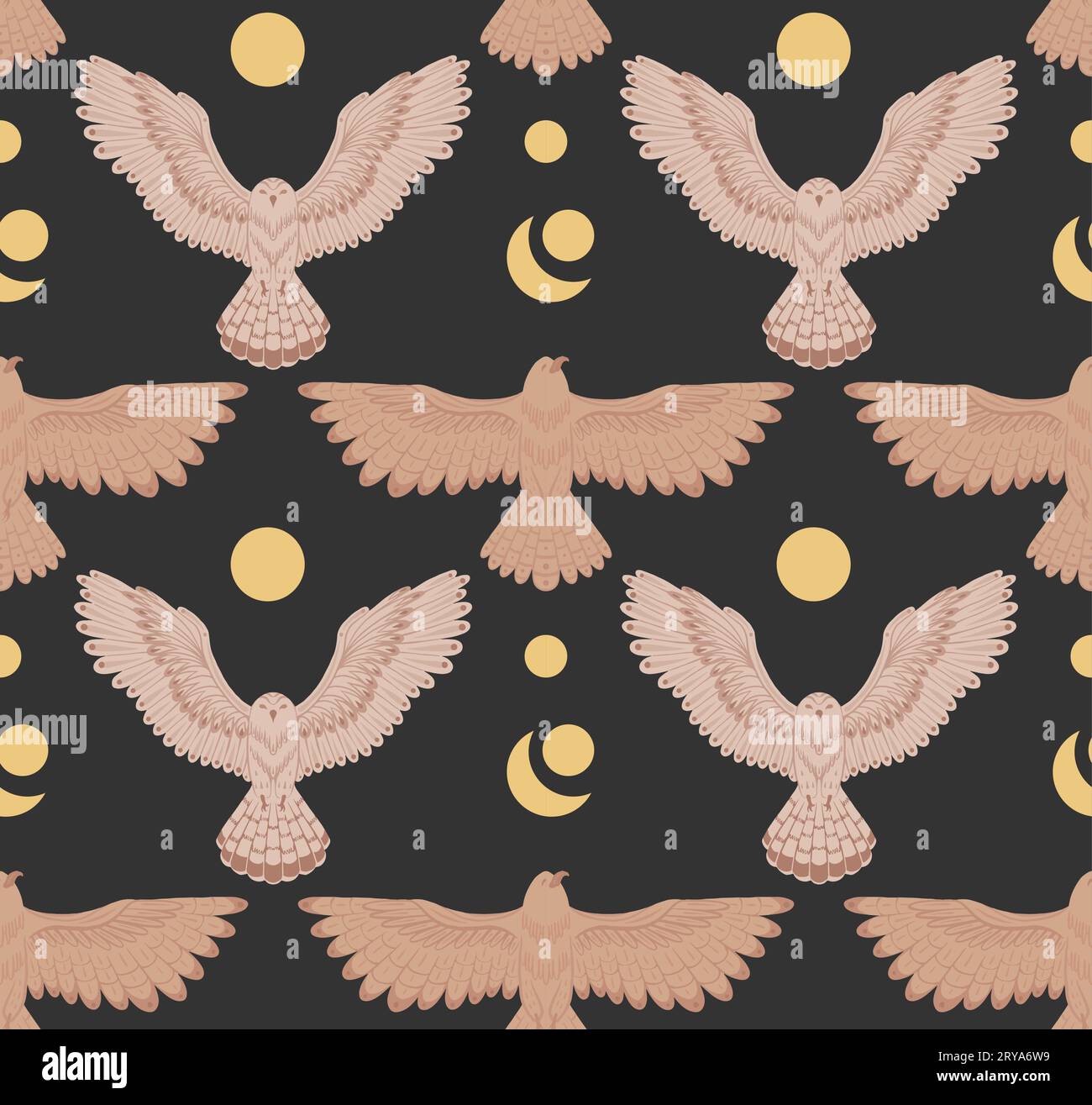 Vector flat texture owls and eagles with spread wings on dark ...