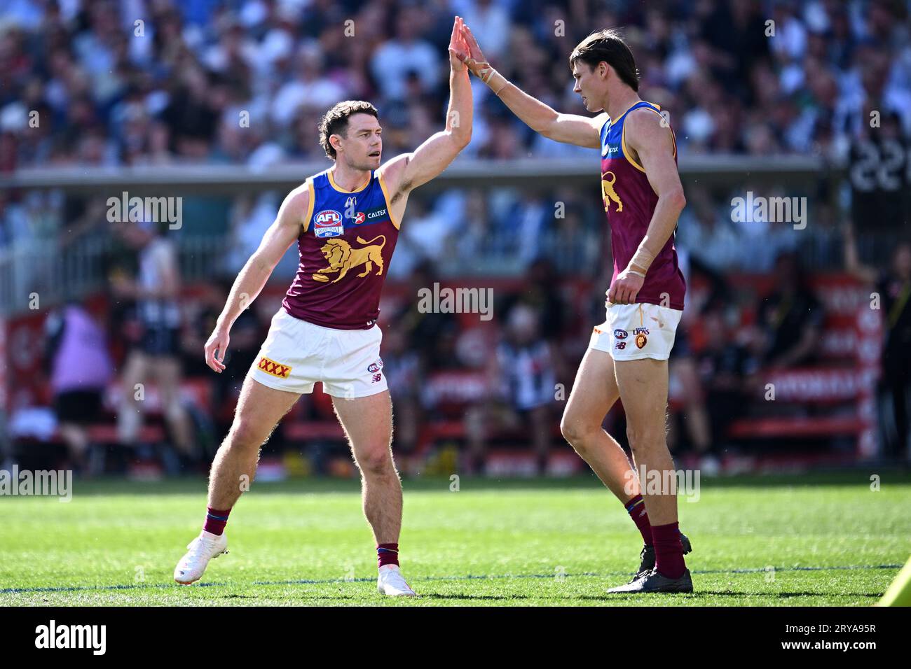 Melbourne, Australia. 30th Sep, 2023. Lachie Neale celebrates with Eric ...