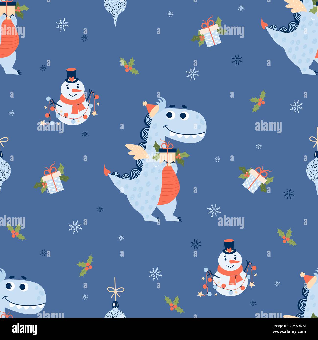 Christmas Seamless pattern. Cute dragon with gift on blue background ...