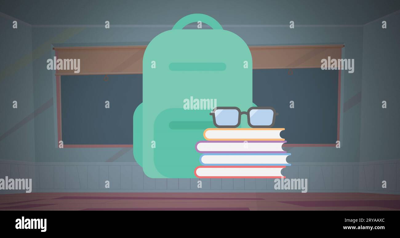Composite of books and green school bag over blackboard background ...