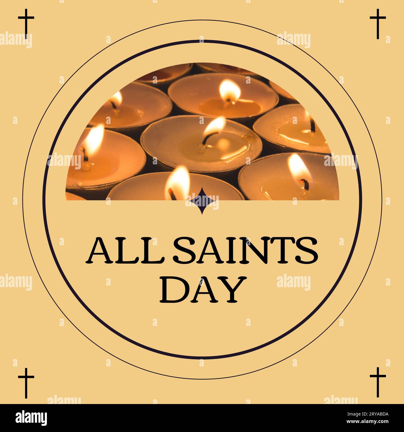 Composite of circle with lit candles and all saints day text and cross ...