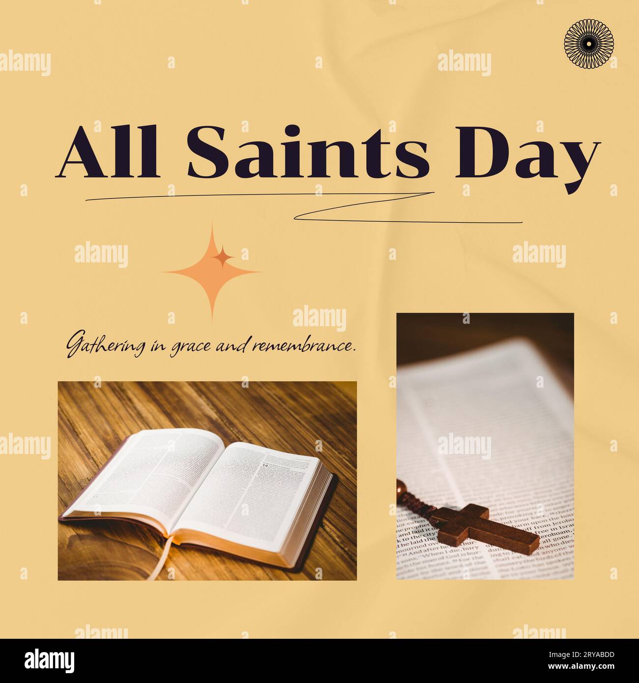 Collage of all saints day text in circle and wooden cross on bible and ...