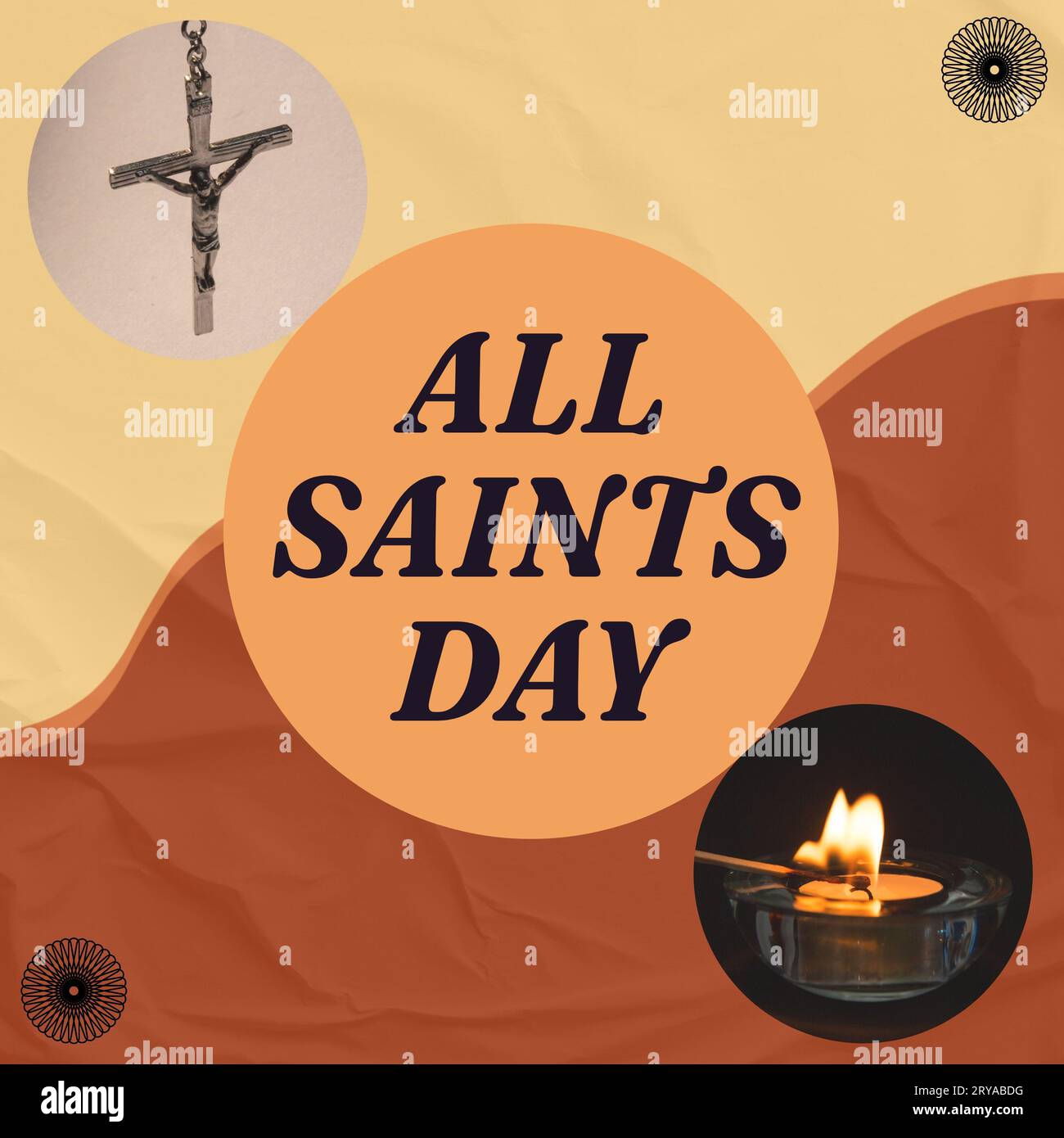 Collage of circles with crucifix, lit candles and all saints day text ...