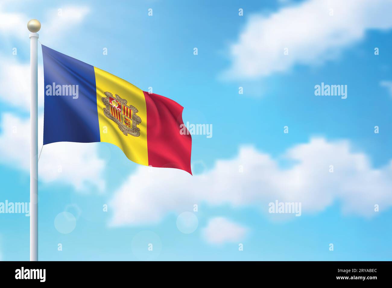 Waving flag of Andorra on sky background. Template for independence day ...