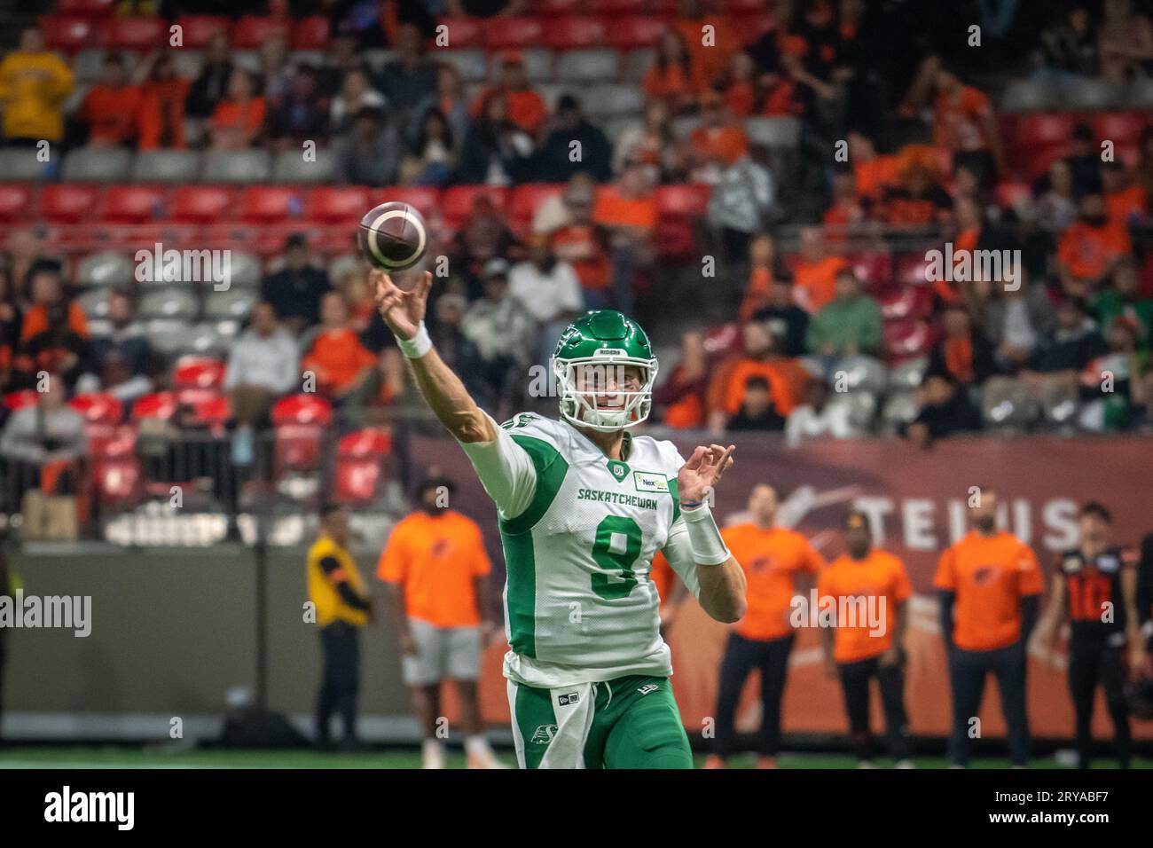 Vancouver, Canada. 29th Sep, 2023. Saskatchewan Roughriders quarterback Jake Dolegala (9) throws ...