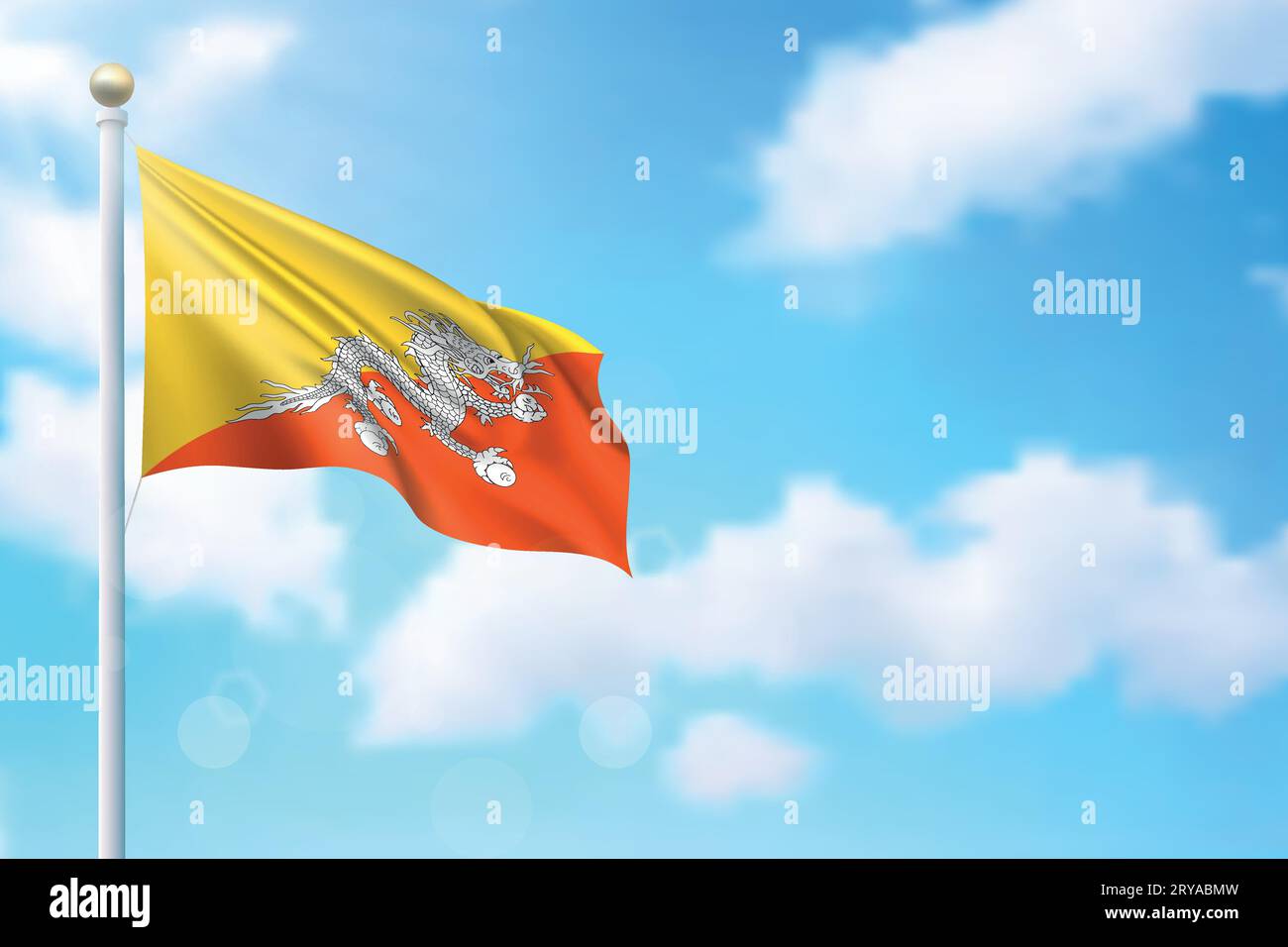 Waving flag of Bhutan on sky background. Template for independence day ...