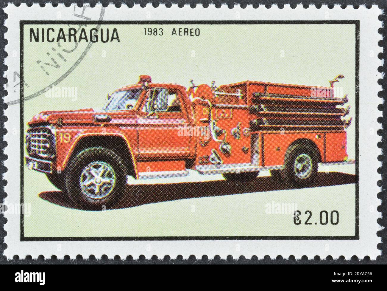 Cancelled postage stamp printed by Nicaragua, that shows Fire Engine ...