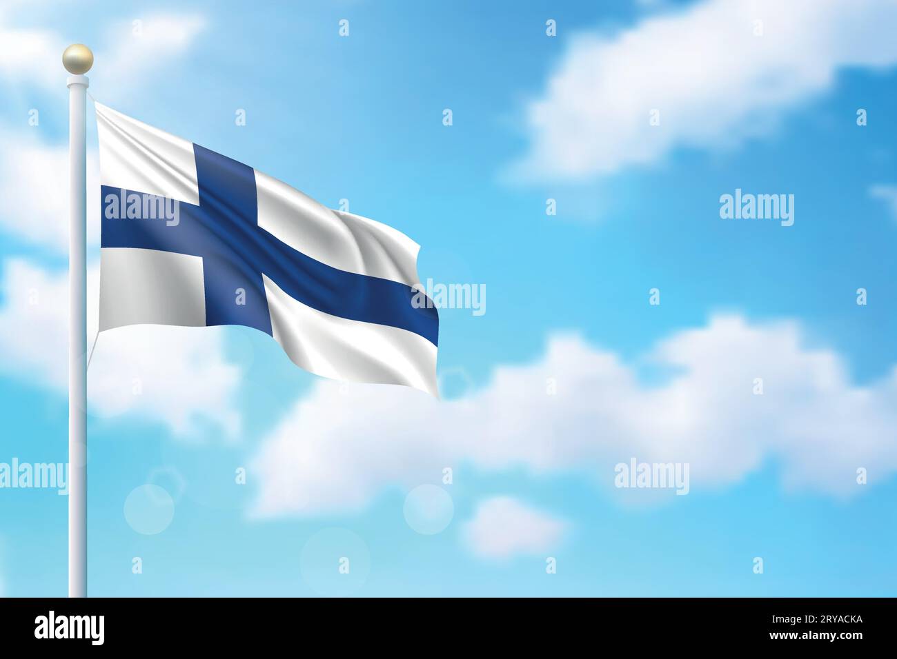 Waving flag of Finland on sky background. Template for independence day ...