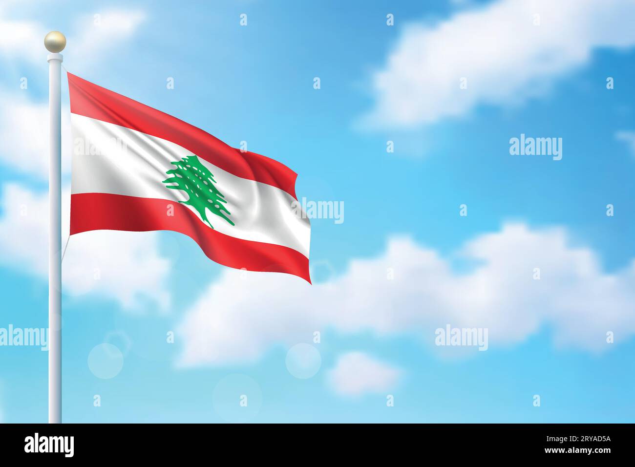 Waving flag of Lebanon on sky background. Template for independence day ...