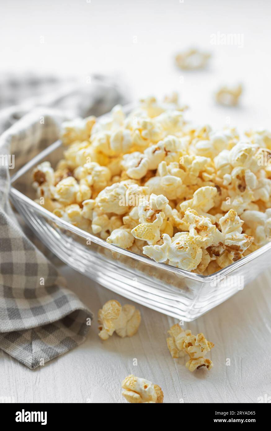 Tasty salted homemade popcorn. Making healthy popcorn at home Stock ...