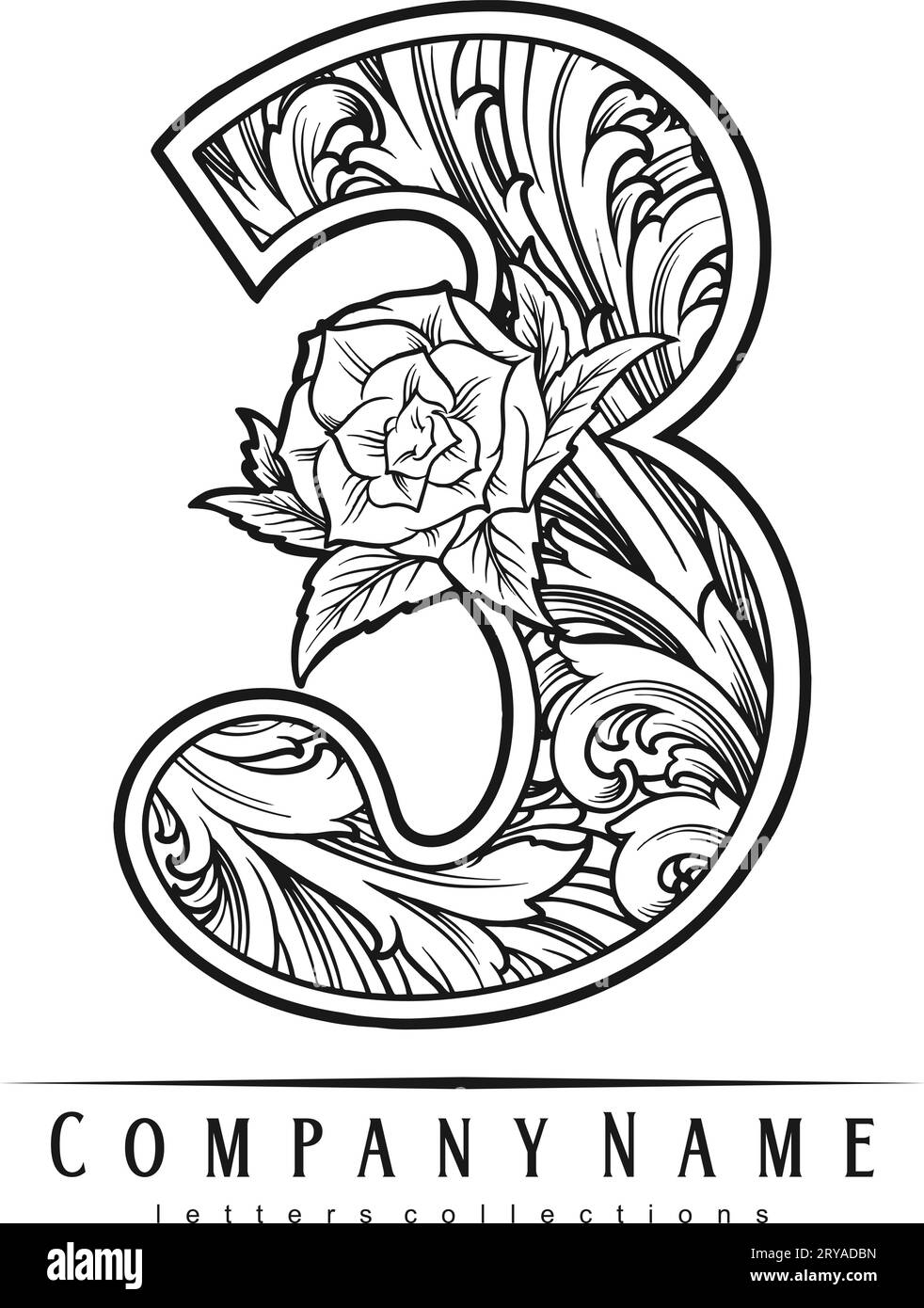 Vintage number 3 monogram logo ultimate luxury outline vector ...