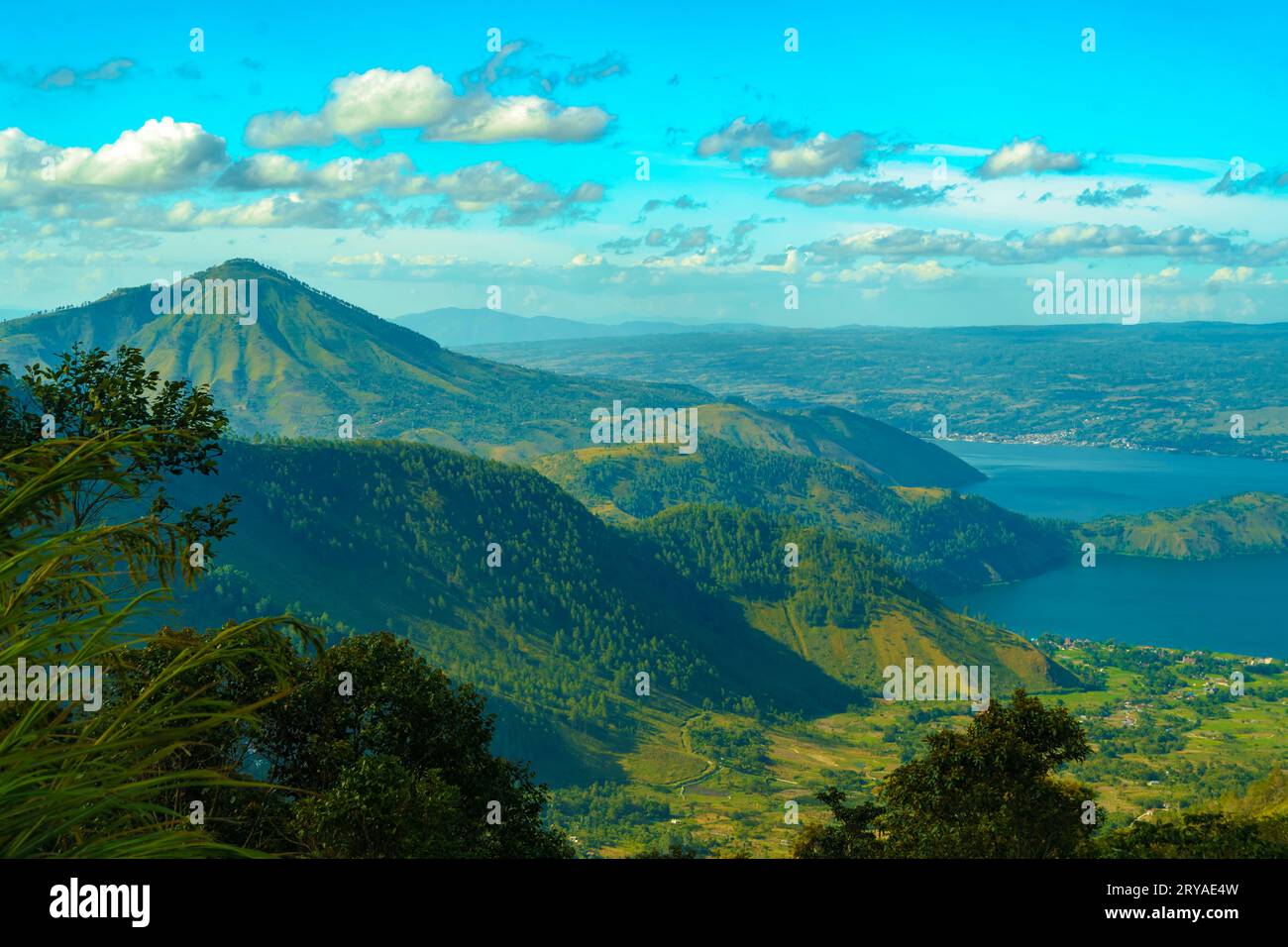 The view of Lake Toba and the surrounding hills from the hills of Tele ...