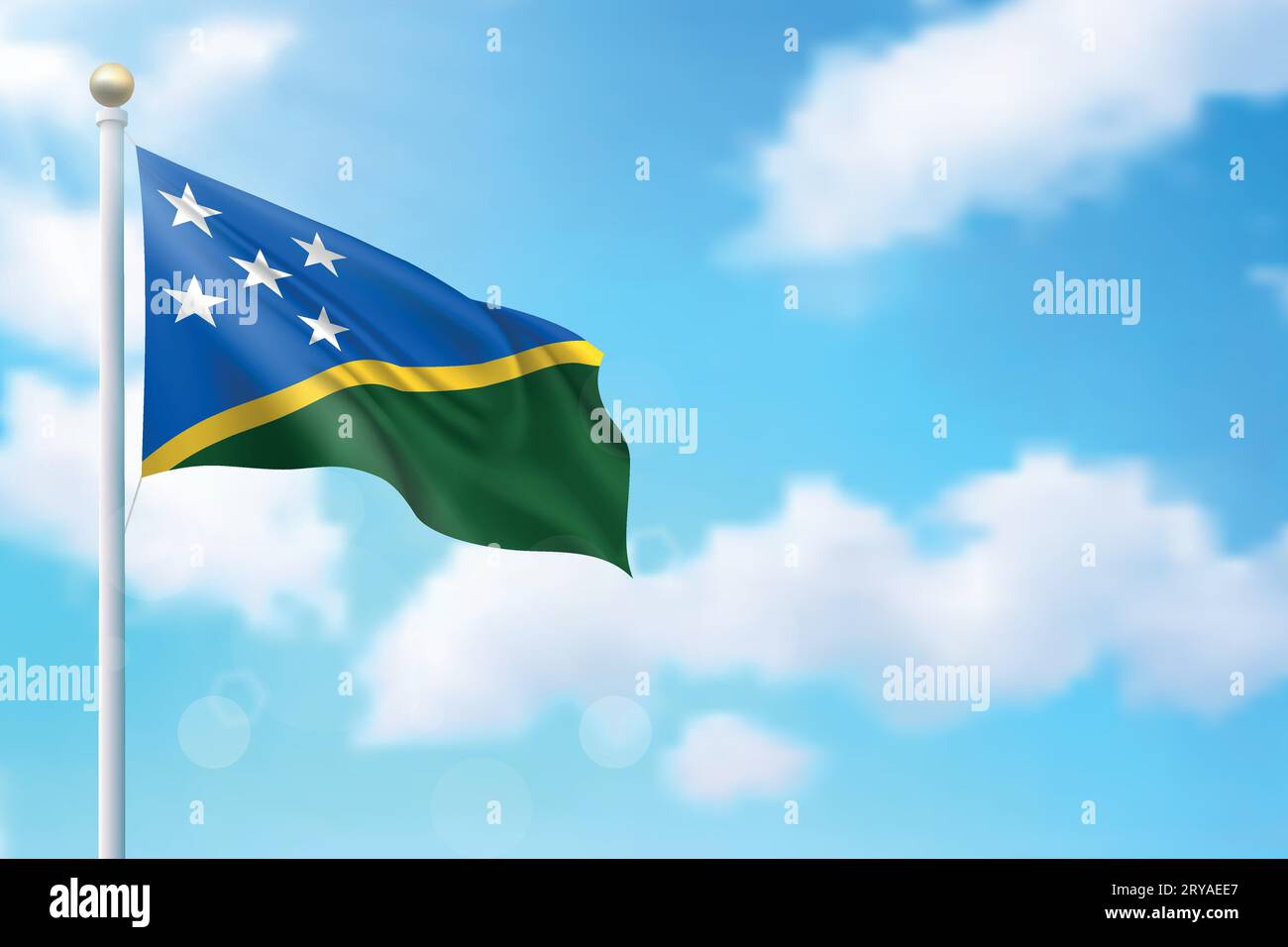 Waving flag of Solomon Islands on sky background. Template for independence day poster design ...