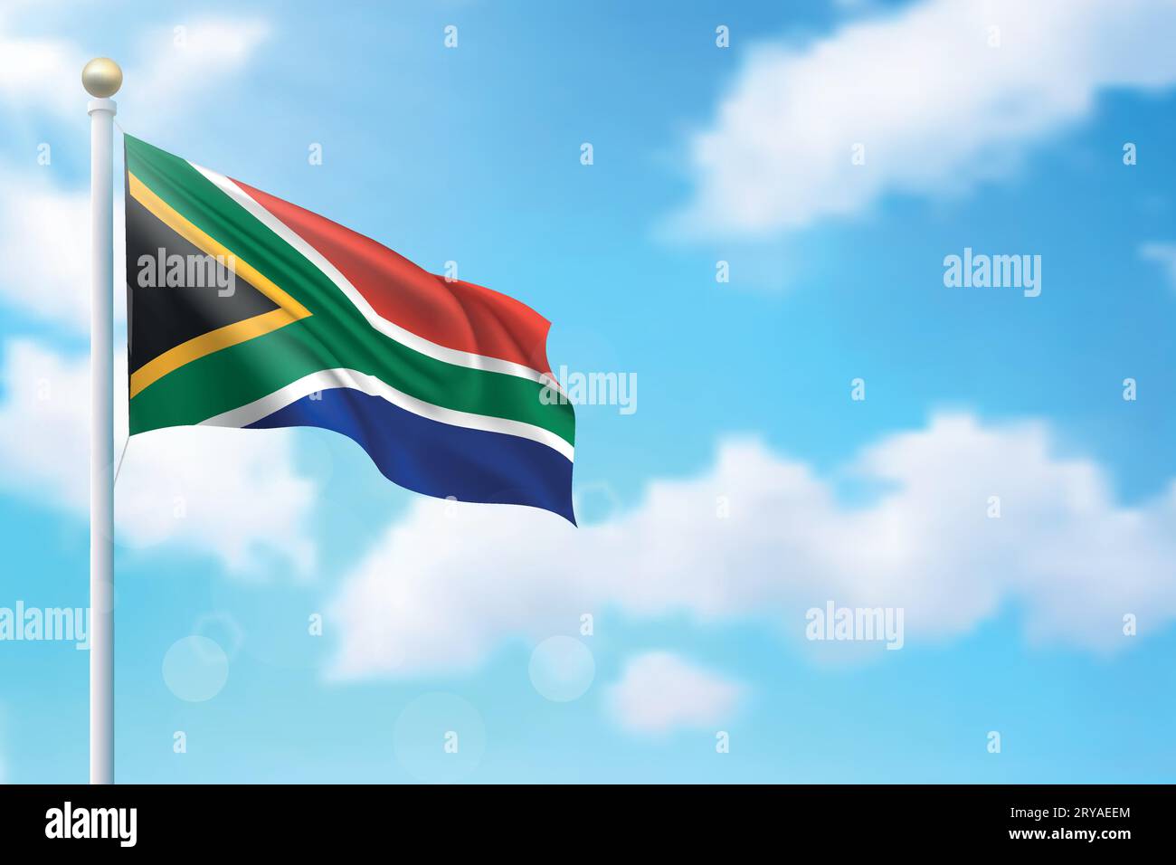 Waving flag of South Africa on sky background. Template for independence day poster design Stock ...