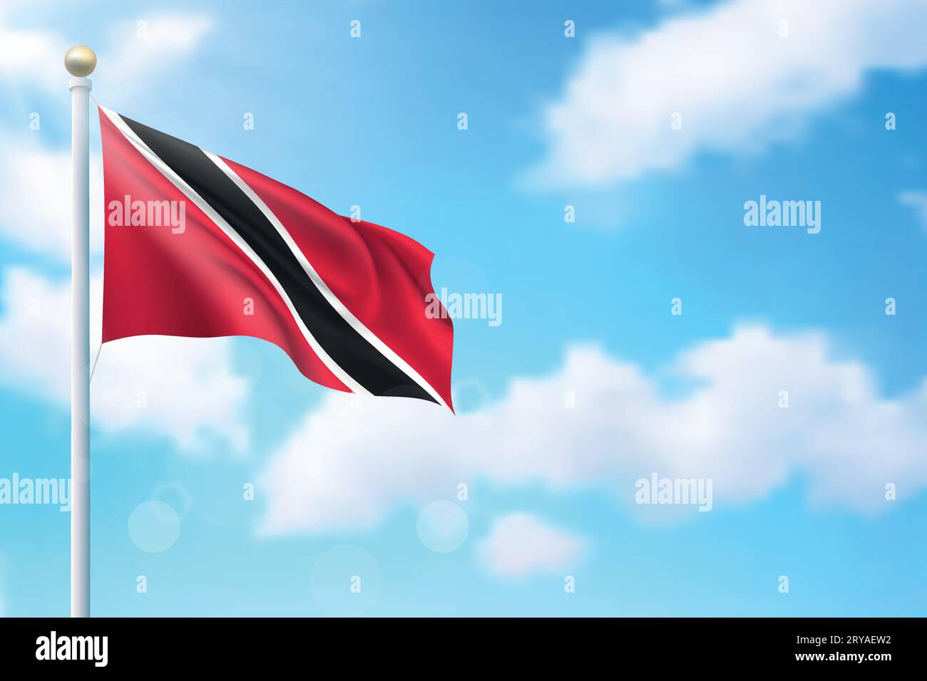 Waving flag of Trinidad and Tobago on sky background. Template for independence day poster ...