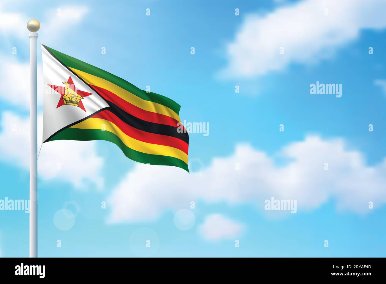 Waving flag of Zimbabwe on sky background. Template for independence ...