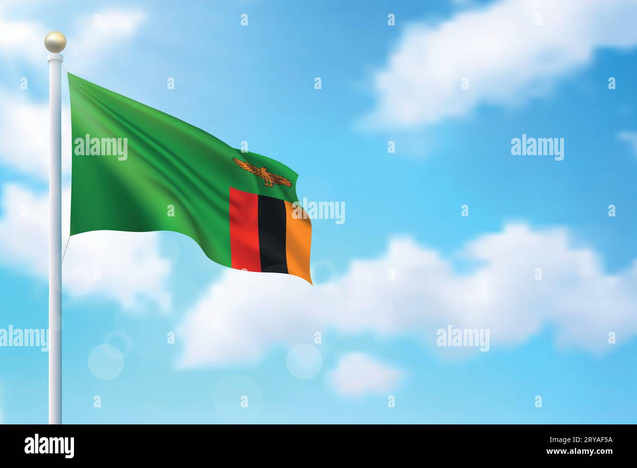 Waving flag of Zambia on sky background. Template for independence day ...