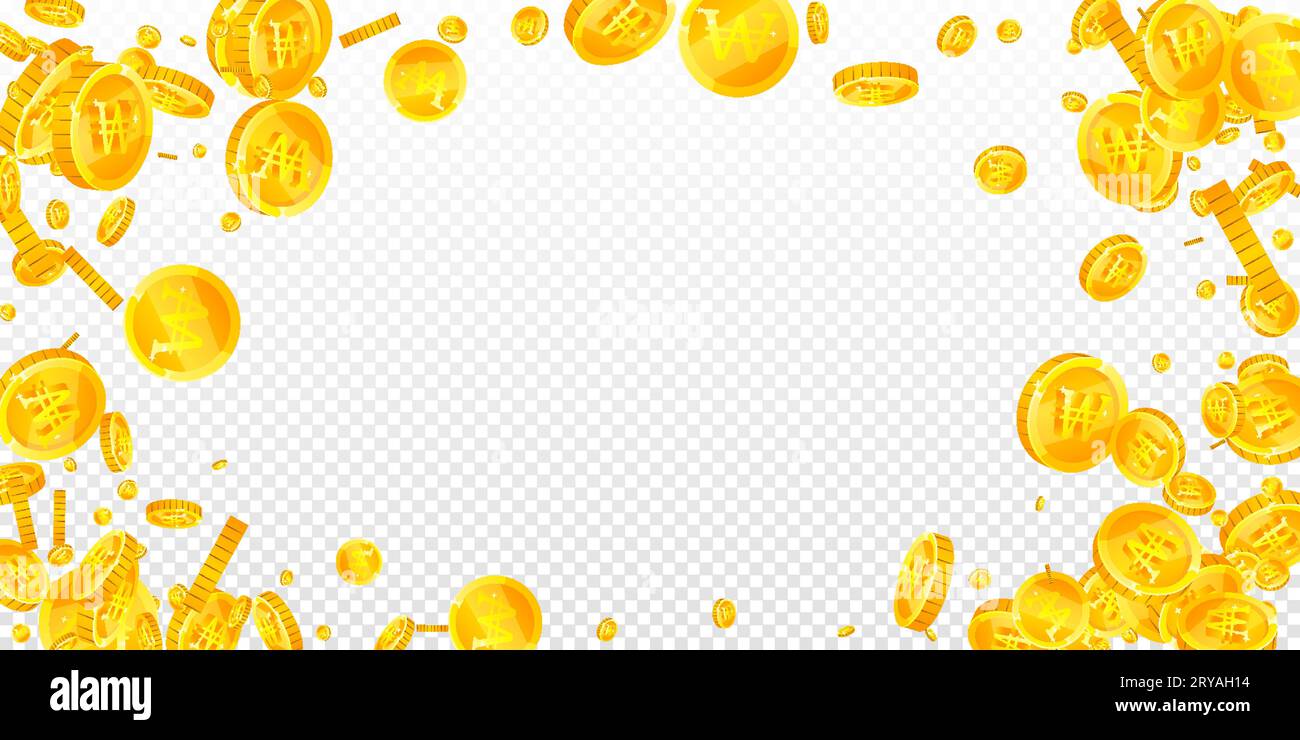 Korean won coins falling. Scattered gold WON coins. Korea money ...