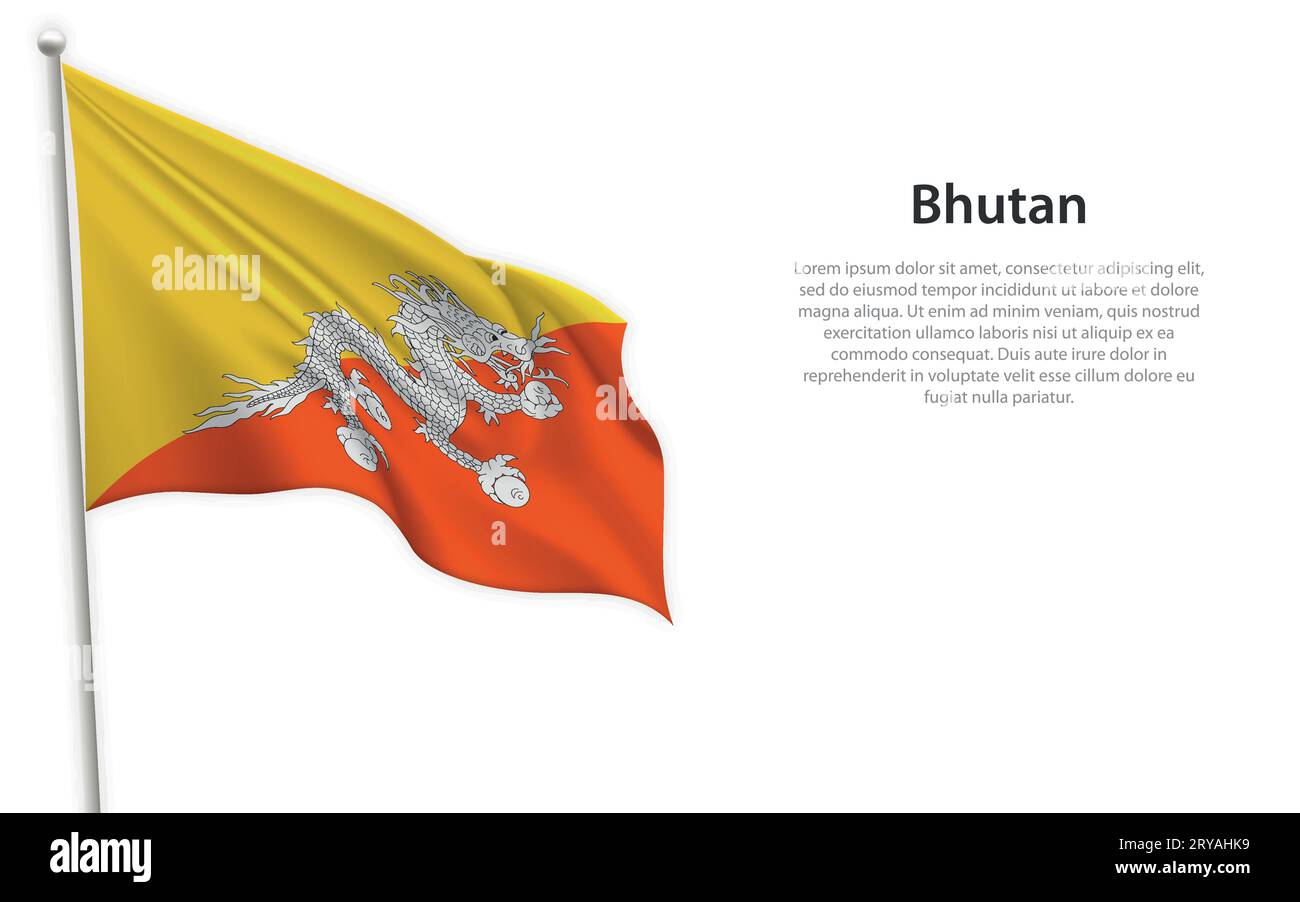 Waving flag of Bhutan on white background. Template for independence ...