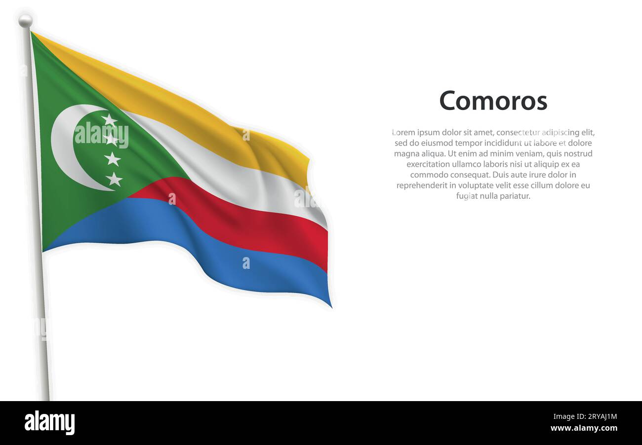 Waving flag of Comoros on white background. Template for independence ...