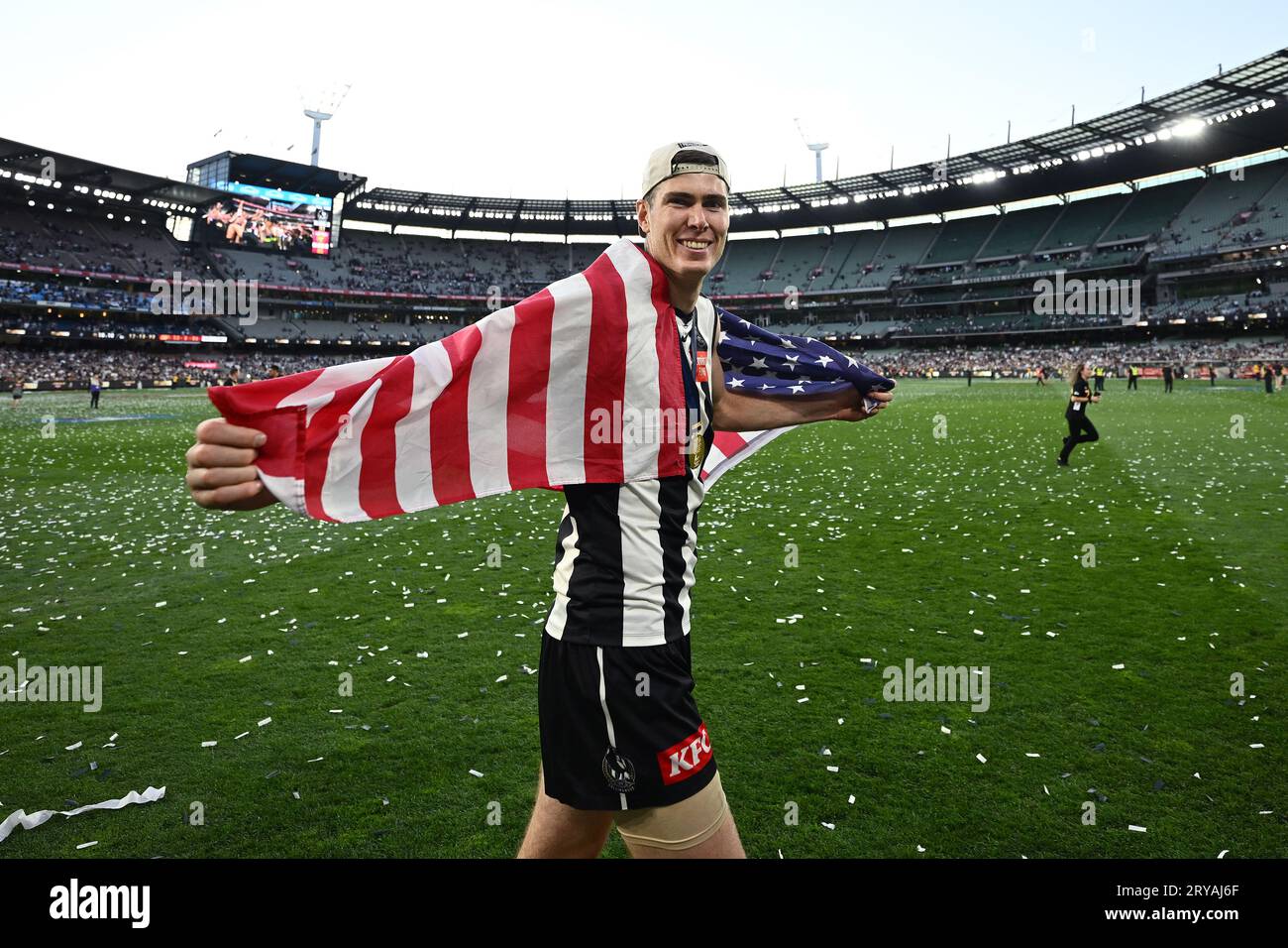 Melbourne, Australia. 30th Sep, 2023. Mason Cox of Collingwood wears an ...